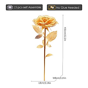 Piececool 3D Metal Puzzles Rose Flower Model Kits, Artificial Flowers Metal Building Blocks DIY 3D Puzzle for Adults, for Father Mothers Valentines Day, 15Pcs Gold