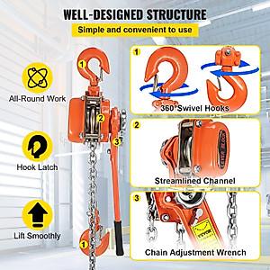 VEVOR Lever Chain Hoist, 0.75Ton 1650lbs Capacity Ratchet Puller with 10FT Max. Lifting Height, Come Along 2 Heavy Duty Steel Hooks, Manual Handling Tool for Cargo Moving in Construction, Warehouse , Orange
