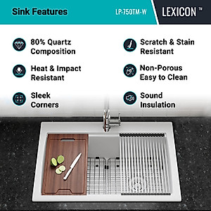 32" x 22" Workstation Sink, Single Bowl Kitchen Sinks, Drop in Kitchen Sink, Granite Composite Kitchen Sink, Quartz Undermount Sink, Galaxy White Kitchen Sink, with Grid, Strainer, Flange LP-750TM-W