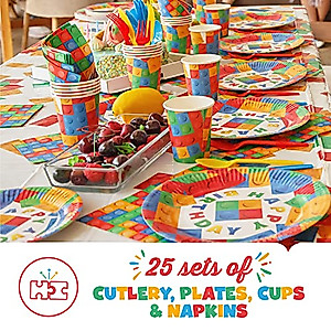 Building Block Birthday Party Supplies Set | Baby Boy Toddler Kids Birthday Brick Decorations – Cups Plates Signs Napkins Balloons Tablecloth Utensils – Decorations for Boys and Girls – Serves 25