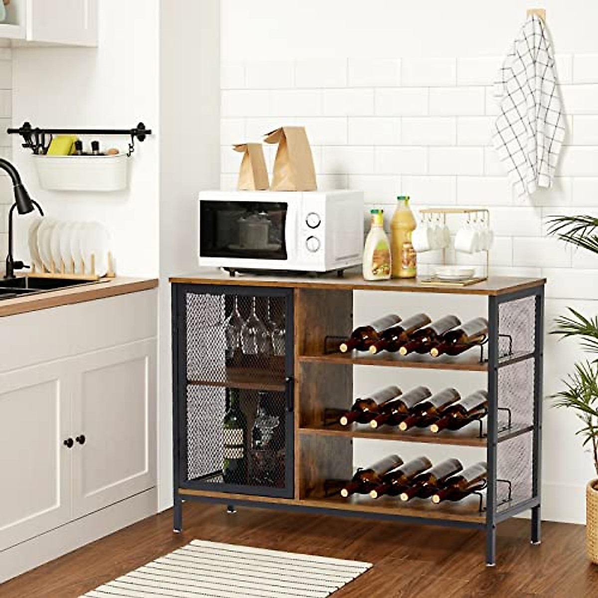 GAOMON Wine Bar Cabinet, FreeStanding Wine Rack Table, Liquor Cabinet with Glass Holder, Floor Bar Cabinet for Liquor and Glasses for Home Kitchen Dining Room