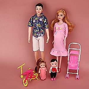Vakitar Family Dolls Set of Dad Pregnant Mom Girl Boy Children Role Play House Toy Gift,for Home (Printed Blue T+Pregnant Powder)