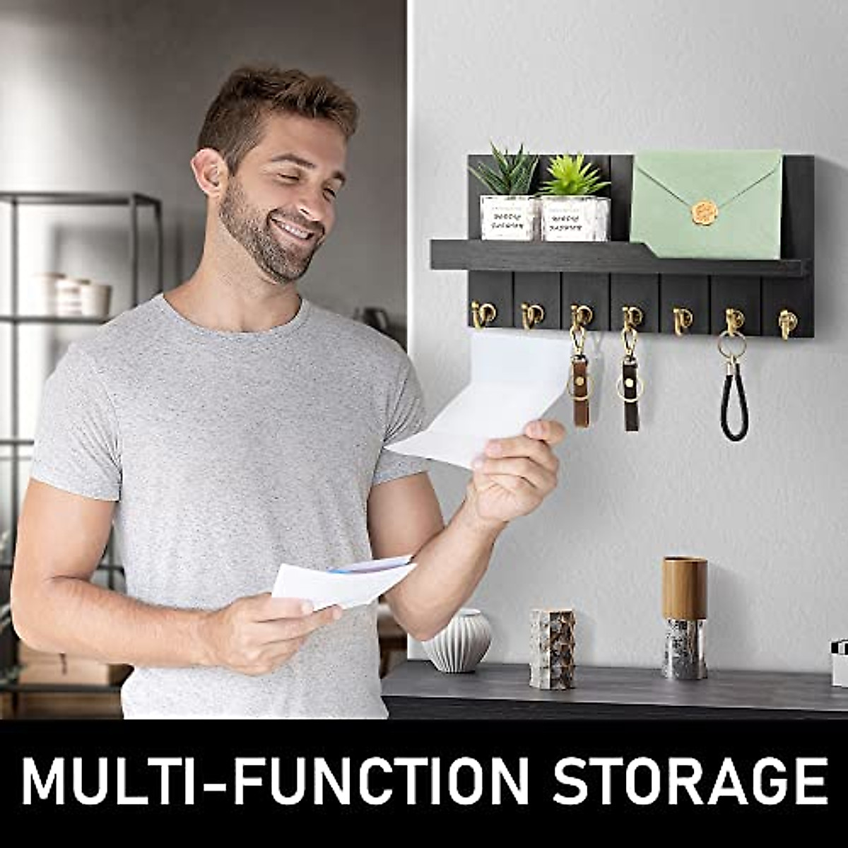 Rebee Vision Decorative Key and Mail Holder for Wall - Farmhouse 15 Inches Floating Shelf with 7 Sturdy Key Hooks for Home Entryway Wall Decor - Rustic Key Racks (Black)