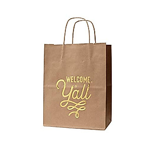 6 Welcome Gift Bags with Welcome, Y'all Gold Foil Design on Kraft 8 x 4 3/4 x 10 1/4 Inches Texas Gift Bag