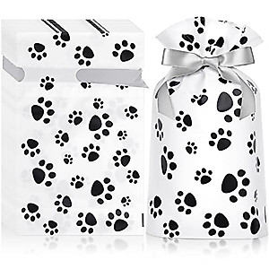 YIDAKO 50 Pieces Paw Print Goodie Bags, Plastic Dog Gift Bags With Drawstring, Treat Candy Bags For Dog Cat Theme Party Favors and Boys Girls Birthday Party Supplies Decorations, 9× 6 Inch