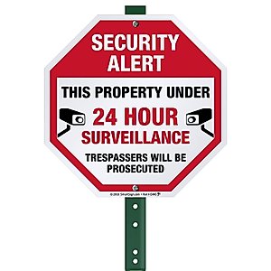SmartSign 10" x 10" 'Security Alert Property Under 24 Hour Surveillance, Trespassers Prosecuted' Yard Sign with 3 ft Stake, 40 mil Laminated Aluminum, Red/Black/White, Set of 1, USA-Made