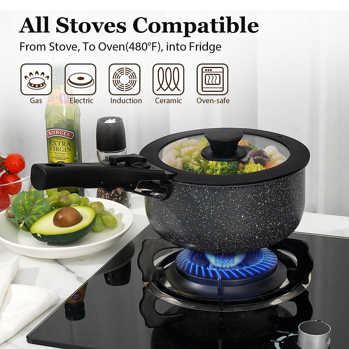 SODAY 15Pcs Pots and Pans Set Non Stick, Cookware Sets with Detachable Handle, Nonstick RV Kitchen Cooking Set Removable Handles, Oven Safe, Induction Fast, Stackable Non-stick Set, Black