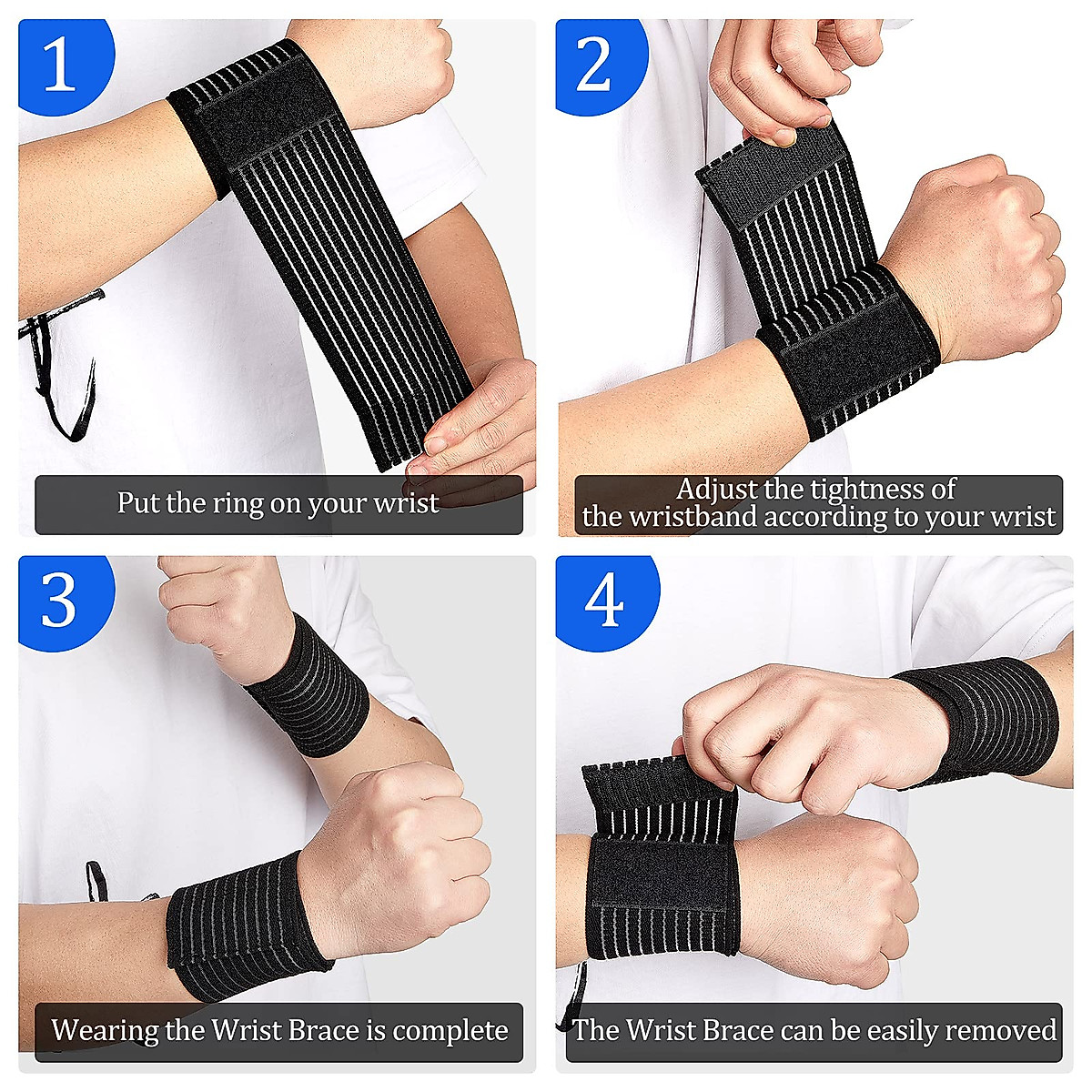 4 Pieces Carpal Tunnel Wrist Brace, Wrist Compression Strap, Hand Brace Wraps for Adult Working Out, Adjustable Wrist Strap, Breathable Wristband for Weightlifting, Tennis, and Fitness, Black