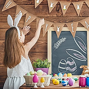 2 Pcs Happy Easter Garland Burlap Banners, Rustic Burlap Bunny Garland for Spring Easter Decorations Farmhouse Fireplace Home Office School Outdoor Party Hanging Decor