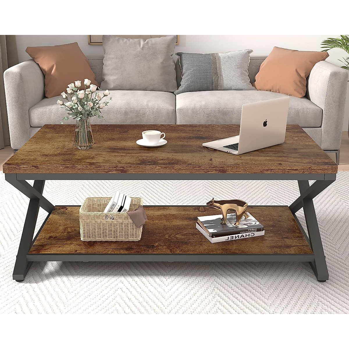 HSH Wood Coffee Table with Storage, Farmhouse Rustic Brown Coffee Table for Living Room, Modern Minimalist 2 Tier Center Table, Simple Rectangle Cocktail Tea Table in Home Office Bedroom, 39 Inch