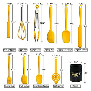 Silicone Spatula Set of 11 Kitchen Utensils with Iron Holder for Baking, Cooking, and Mixing,Cooking Spatulas Nonstick Cookware，Seamless and Flexible,Dishwasher Safe (Yellow)