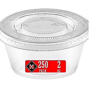 Mr. Miracle Plastic Portion Cups with Lids (250 Count) - 2OZ Translucent Jello Cups, Great for Condiments, Salad Dressings, Souffle, On-the-Go Snacks – Durable, Reusable, Disposable - Made in USA
