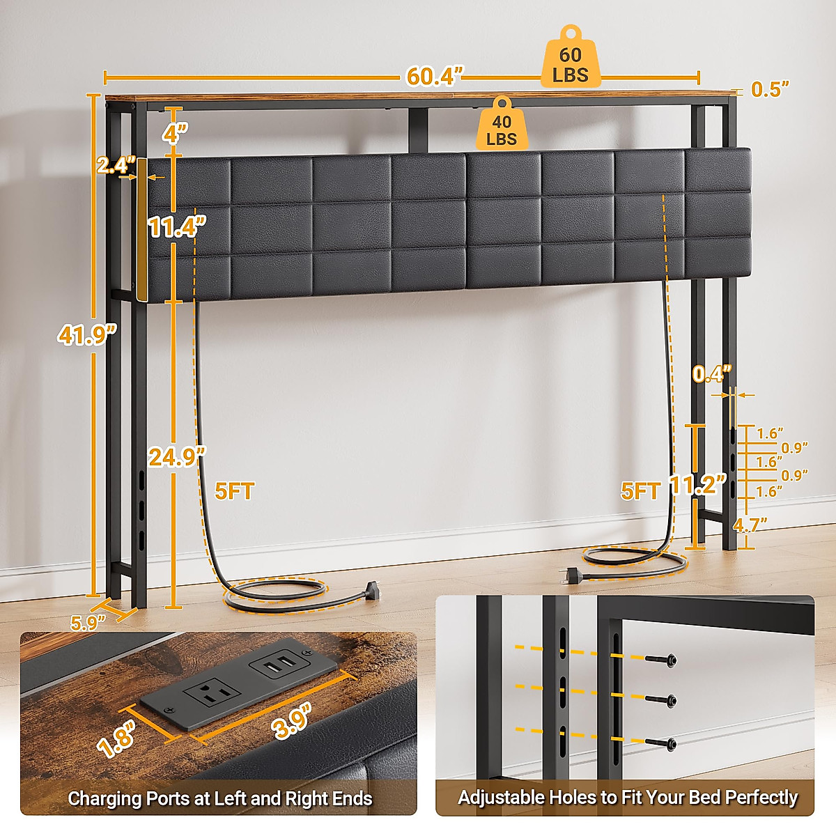 InHomFu Queen Headboard with Storage Shelf, Headboard Queensize Bed Frame with Outlets, USB Ports and LED Light, Upholstered Queen Size Headboard Height Adjustable, Stable Queen Headboard Only