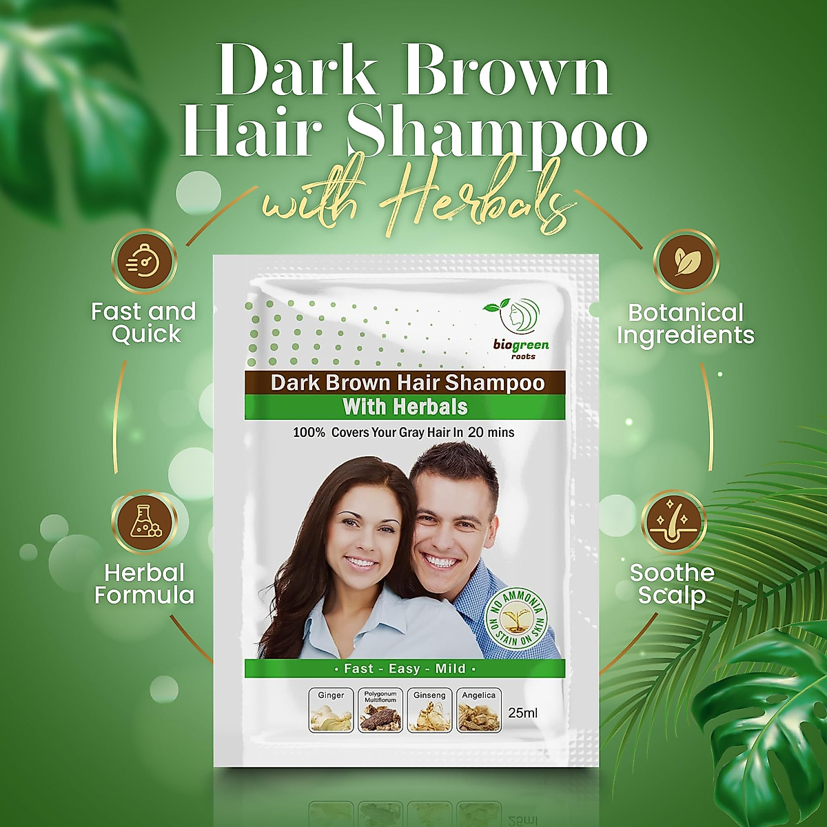 BIOGREEN ROOTS Ammonia-Free Herbal Hair Shampoo - Effectively Covers Gray Hair for Men and Women - Natural Color and Herbal Nourishment - No Stain on Skin - Dark Brown (10 sachets x 25 ml)