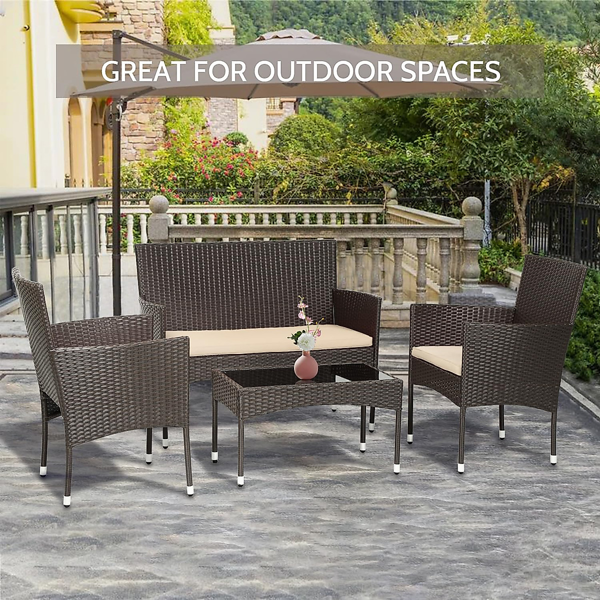 FDW Patio Furniture Set 4 Pieces Outdoor Rattan Chair Wicker Sofa Garden Conversation Bistro Sets for Yard (Brown)