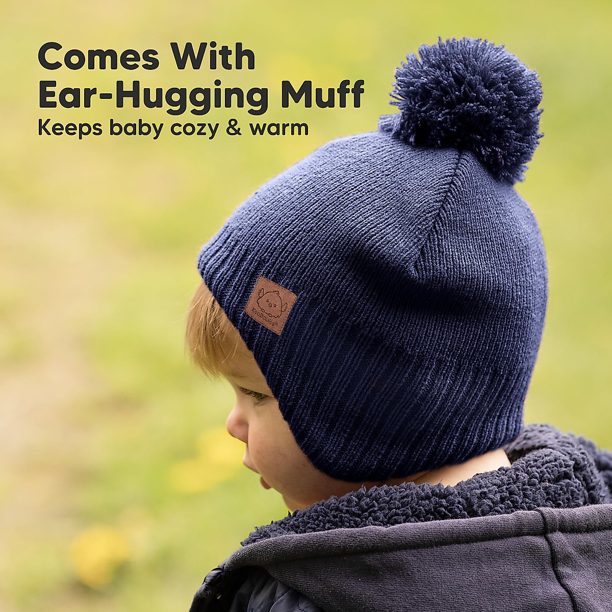 Baby Beanies, Baby Hats for Boys, Girls - Cute Toddler Winter Hat, Soft & Stretchy Beanies for Infant, Newborn 6-36 Months, Cozy & Warm with Earflap Muff & Pom (Navy)