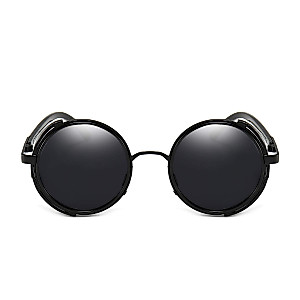 Dollger Steampunk Vintage Retro Round Sunglasses Metal Circle Frame (Black Lens+Black Frame,100% UV Protection Lens)