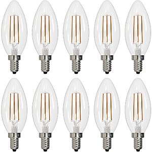 Bulbrite (Pack of 10) Item 776626, High Lumen Higher Equivalency, 5 Watt Clear B11 LED Filament Light Bulb, E12 Candelabra Base, 2700K 500 Lumens, LED5B11/27K/FIL/E12/3 10-Pack