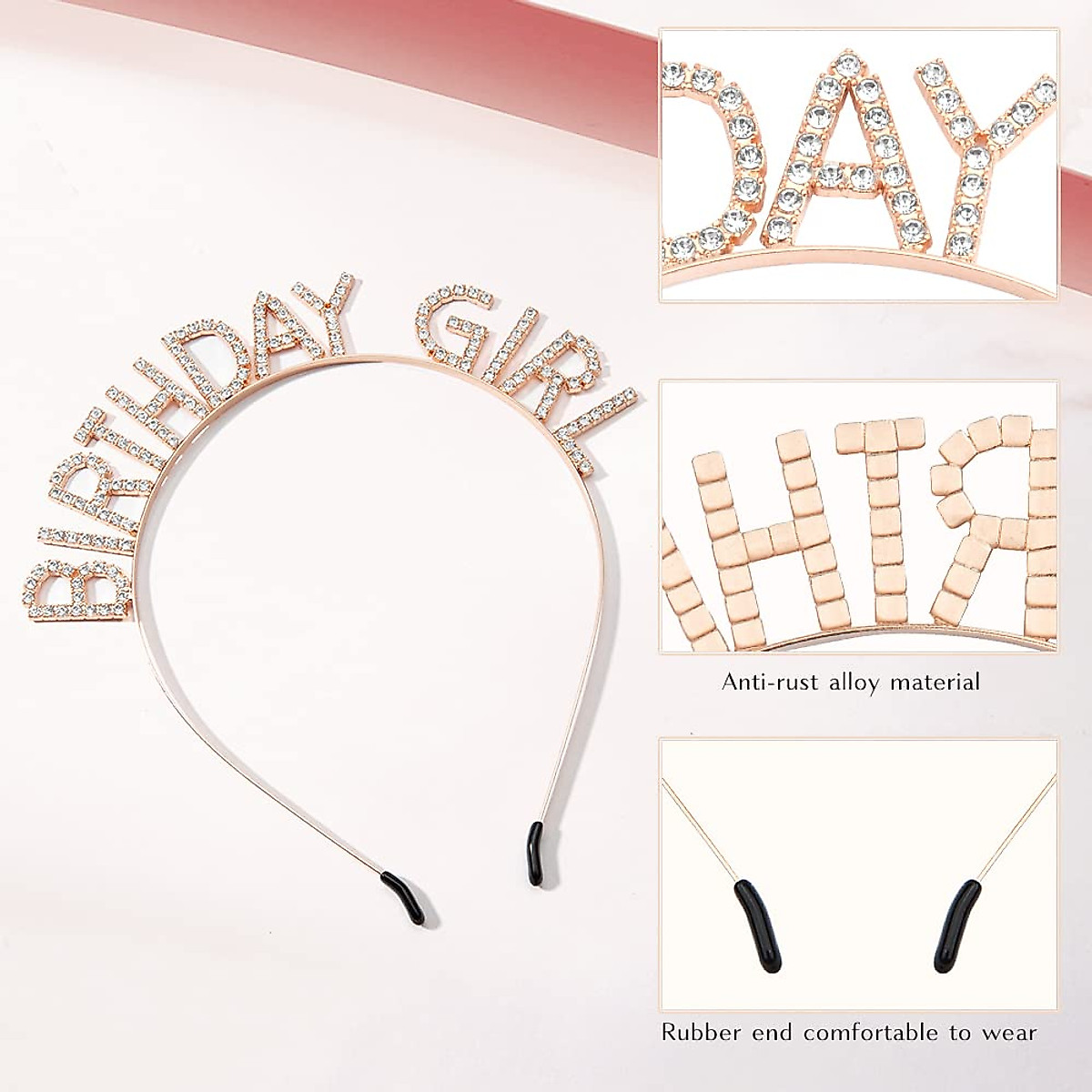 Rose Gold and White Sash with Rhinestone Tiara and Headband - Birthday Accessories for Women