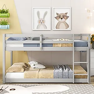 GEEVIVO Bunk Bed Twin Over Twin, Twin Size Floor Bunk Beds Frame with Ladder and Full Length Guardrail, Low Profile Wood Bunkbed for Kids, Boys, Girls, Literas para NiñOs, No Box Spring Needed (Gray)