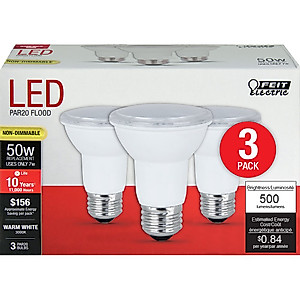 Feit Electric PAR20 LED Light Bulb, 50W Equivalent, Non-Dimmable, 3000K Warm White, E26 Base, 500 Lumen, Indoor/Outdoor Recessed Light Bulb, 10-Year Lifetime, Damp Rated, PAR2050/10KLED/3, 3-Pack