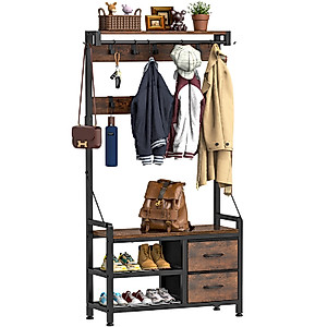 Lulive Hall Tree, 31.5” Entryway Bench with Coat Rack freestanding, 5 in 1 Intelligent Design Shoe Bench and Wall Rack 17 Hooks and Drawers (Rustic Brown)
