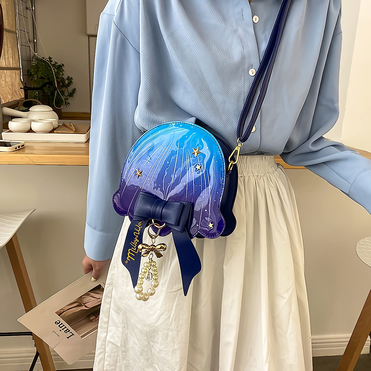 GK-O Women Jellyfish Handbag Crossbody Bag Fantasy Submarine Jellyfish Shoulder Bag Fake Pearl Bow Knot Rivet Messenger Bag (Blue)