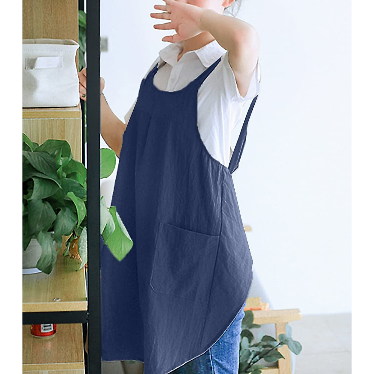 losofar Soft Cotton Linen Apron Cross Back X-Shaped Japanese Style Pinafore Dress for Cooking, Housewarming, Daily Chores (darkblue, (28.3"x 35.4"))