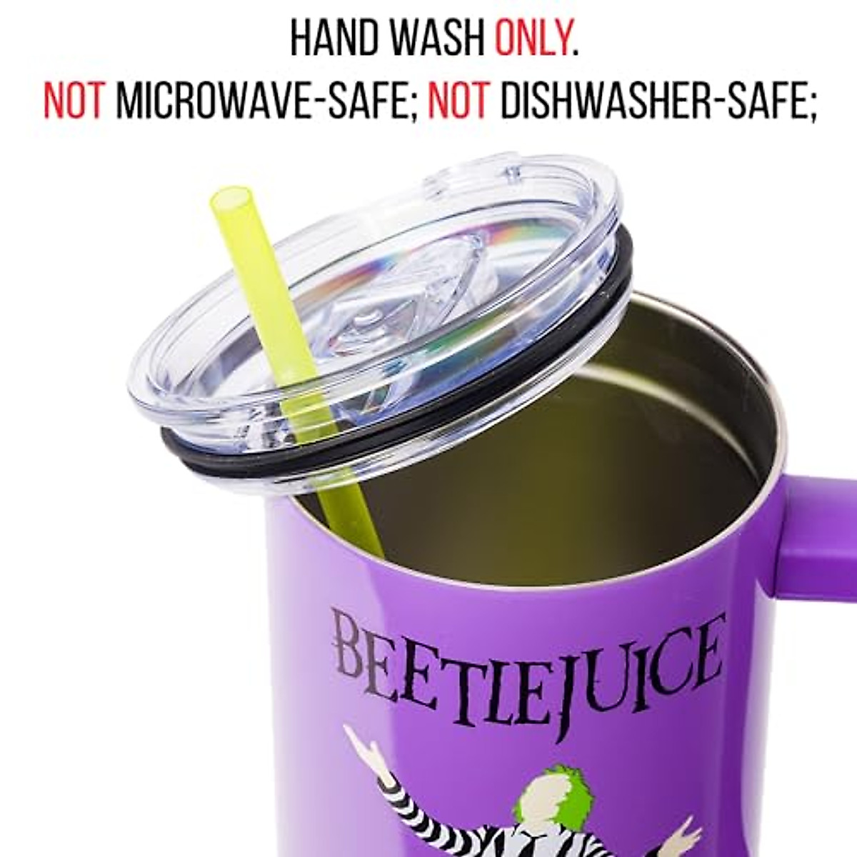 Silver Buffalo Tim Burton Beetlejuice Stainless Steel Tumbler with Handle and Straw, Fits in Standard Cup Holder, 40 Ounces