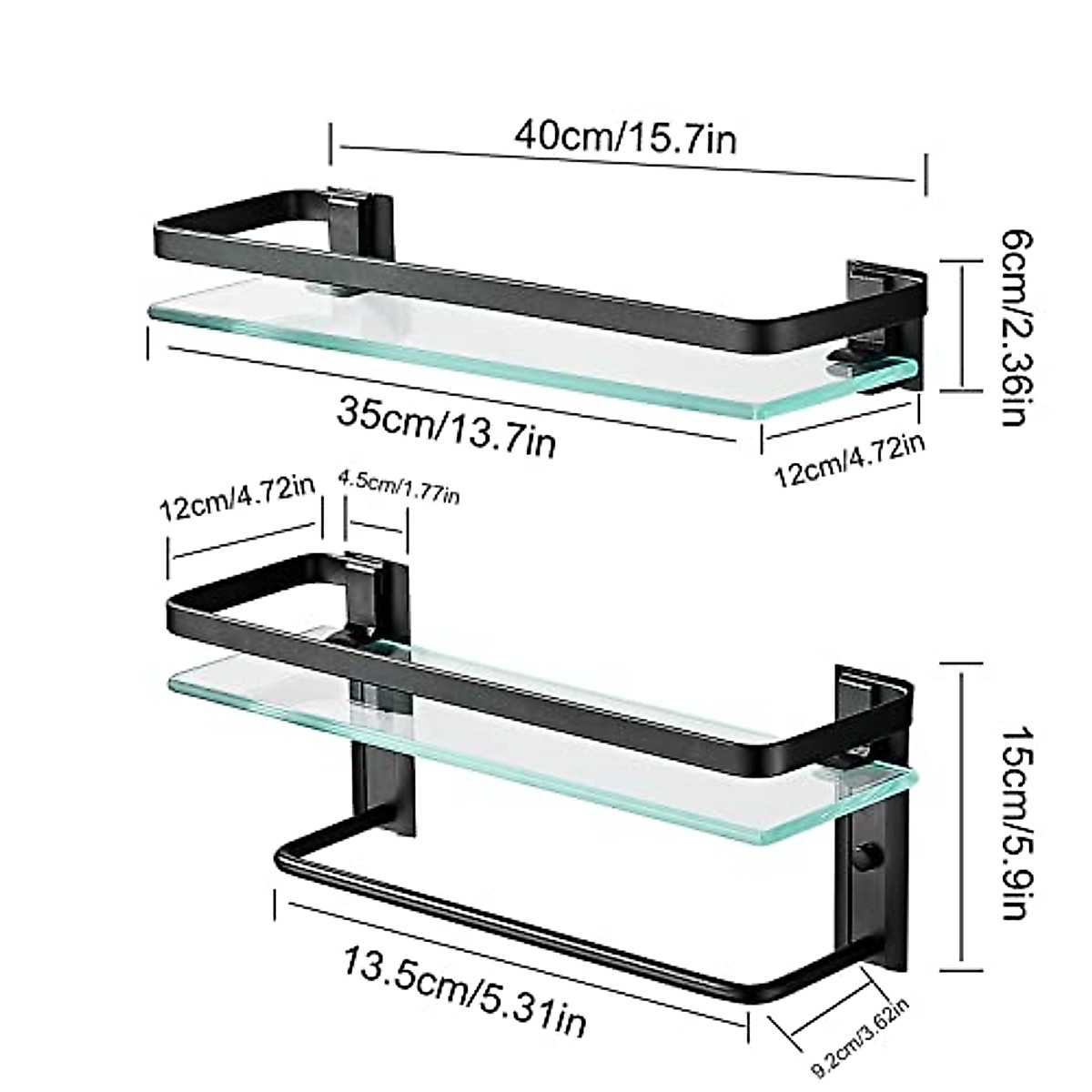 Ddtohan 15.7 Inches Glass Bathroom Shelf, Floating Shelves with Rail and Towel Bar, 2- Tier 8mm Thick Tempered Glass Wall Mounted Shower Storage for Bathroom, Office, Laundry Room
