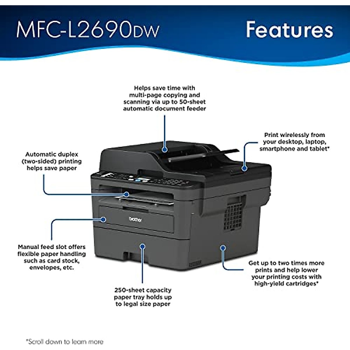Brother MFC L26 Series All-in-One Laser Printer, Print, Copy, Scan, Fax - 26 ppm, 2400 x 600 dpi, 250 Sheets, Wireless, Mobile Printing, Auto 2-Sided Printing, with MTC Printer Cable