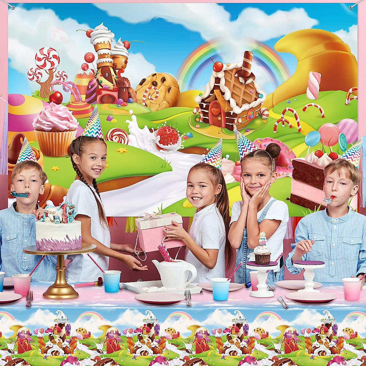 87 Pcs Candyland Themed Party Decorations, Candyland Lollipop Tablecloth and Lollipop Themed Backdrop with Balloon Garland Kit Christmas Candy Party Supplies for Christmas Halloween Party Supplies