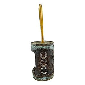 Ebros Gift Rustic Vintage Western Turquoise Faux Tooled Leather Triple Horseshoes and Cross Cowboy Toilet Bowl Cleaner Brush and Base Holder Set Bathroom Vanity Powder Room Office Accessory