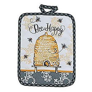 DHE Bee Happy Yellow and Gray 4 Piece Kitchen Towel and Potholder Bundle,Multi-colored