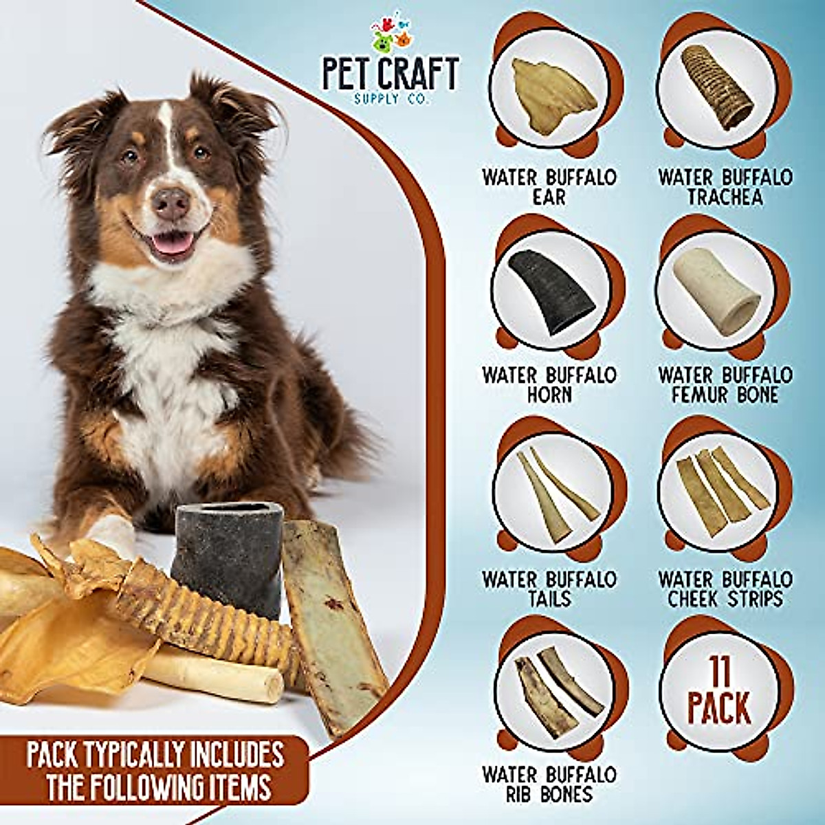 Pet Craft Supply Pure Natural Grass Fed Grain Free Water Buffalo Variety Pack of 11 Durable Tough Dog Chew for Aggressive Chewers and Puppies