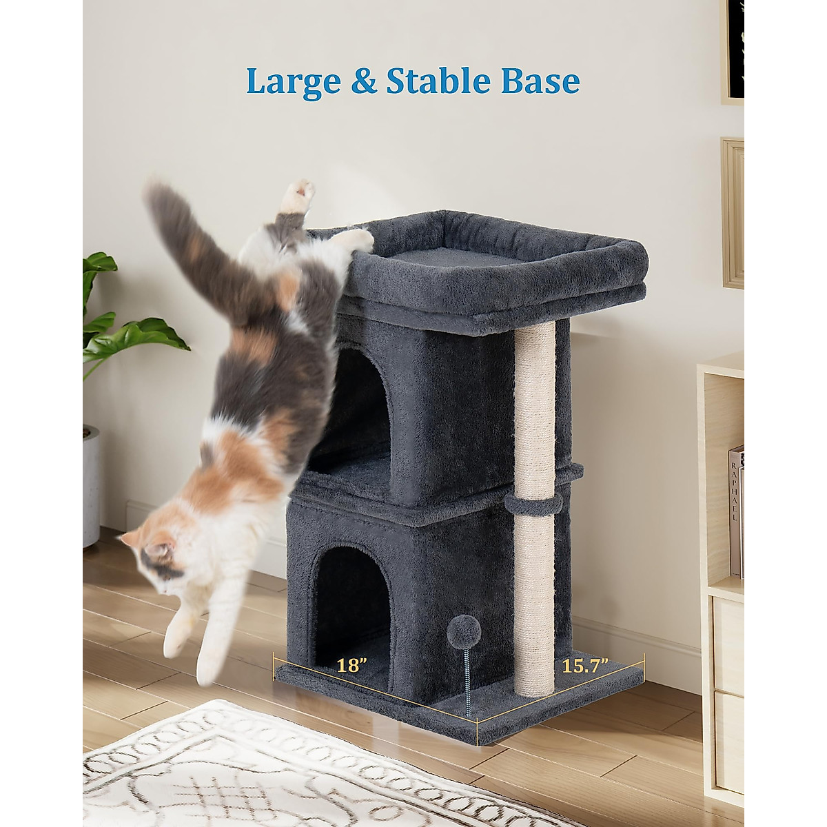 Aechonow Cat Tree for Large Cat, 19 * 16.5In Large Cat Perch, Adult Cat Tower for Indoor Cats with 24In Long Scratching Post, 2 Cozy Cat Condo House for Adult & Fat Cats, Dark Gray
