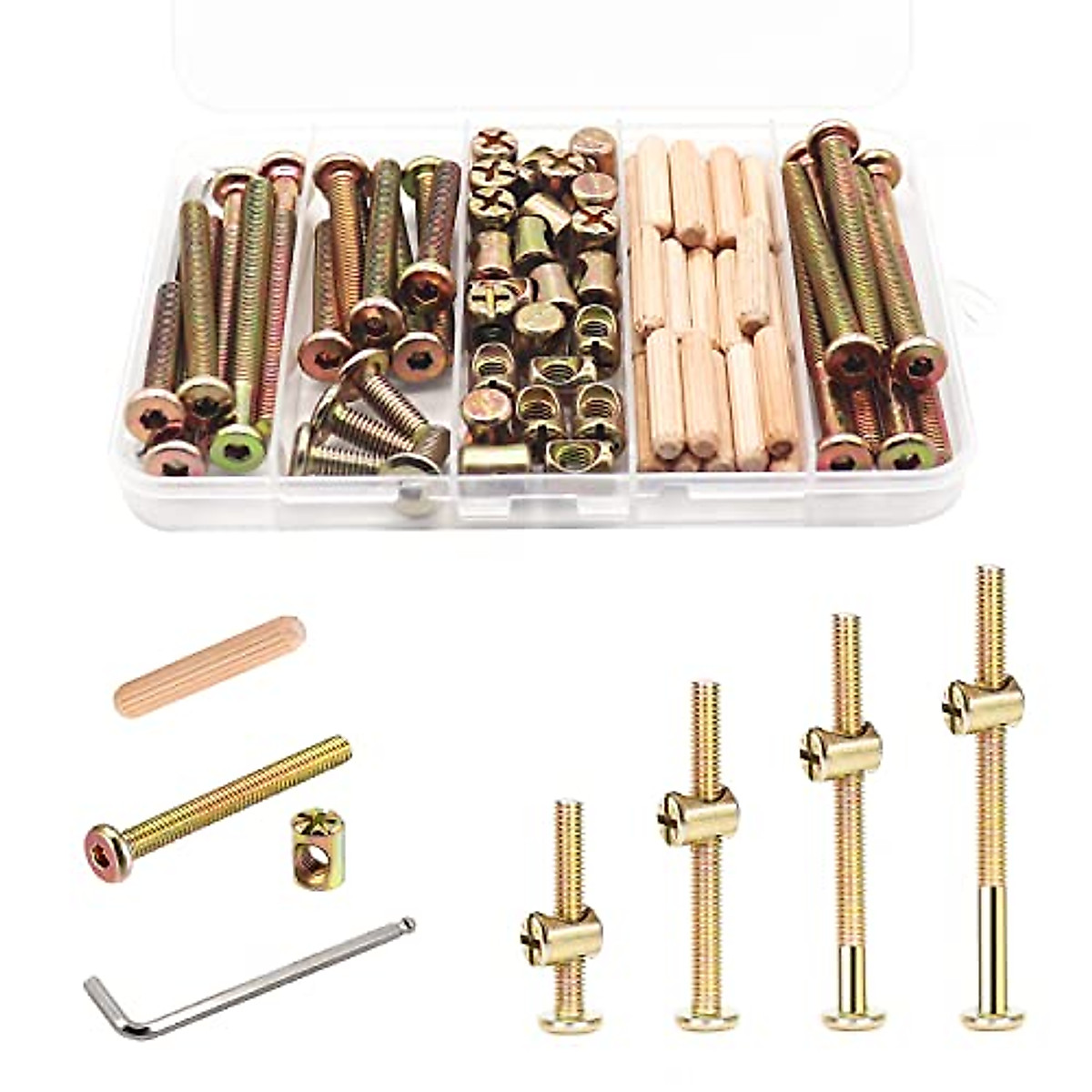 Crib Screws Hardware Replacement Kit - 16 Set Baby Bed Frame Bolts,Barrel Nuts&Wooden Dowel Pins Set - M6x16/40/60/80 mm Hex Drive Socket Cap Screws Nuts for Beds Headboards Chairs Furniture
