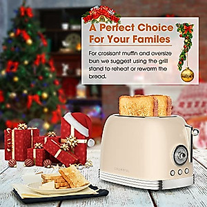 CROWNFUL 2-Slice Toaster, Extra Wide Slots Toaster, Retro Stainless Steel with Bagel, Cancel, Defrost, Reheat Function and 6-Shade Settings, Removal Crumb Tray, Cream
