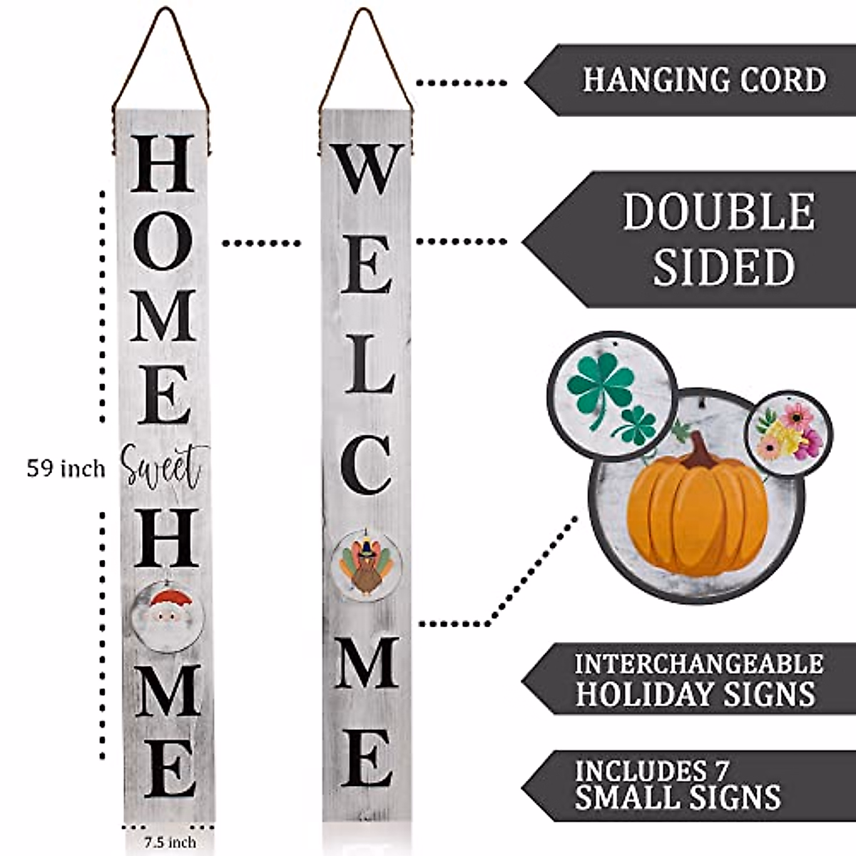 Farmhouse Welcome Sign For Seasonal Front Door Decoration - Double Sided 5 ft Tall Sign w/ 10 Elements Enhances Your Christmas Decor - Standing/Hanging Sign Adds The Perfect Touch To Your Porch