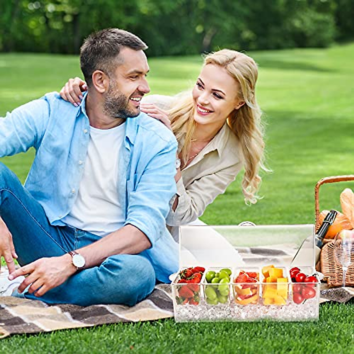 BELIBUY Condiment Server, Ice Chilled 5 Compartment Server CadCondiment Server,Condiment Containers with Lids, 5 Compartment Ice Chilled Caddy Clear Condiment Caddy with Iced Cube Fruit Serving Trays