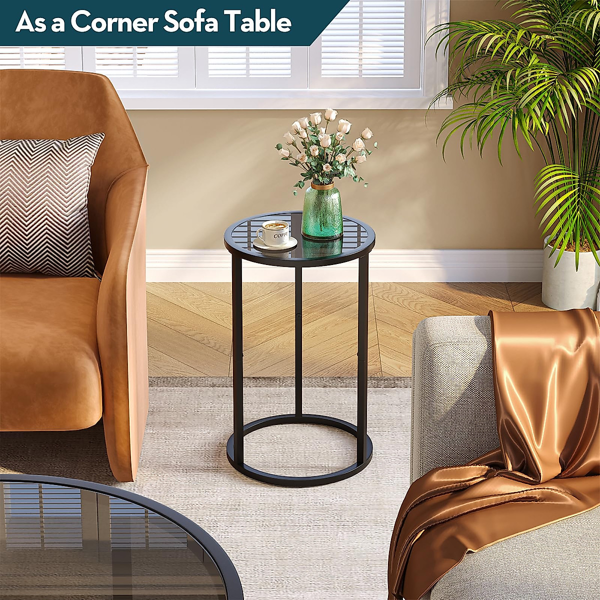 SAYGOER Small Side Table Round Glass End Table for Small Spaces Narrow Couch Night Stand Modern Bedside Table with Black Metal Frame for Bedroom Living Room, Easy Assembly