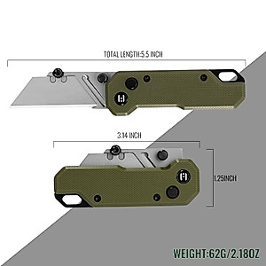 HIGHTRON Vectron Folding Utility Knife Box Cutter,Box Cutter Knife,Pocket Carpet Knife,Razor Knife with G10 Handle&Belt Clip,Quick-change Blade,Utility Pocket EDC Knife with 10 Extra SK2 Blades(Green)