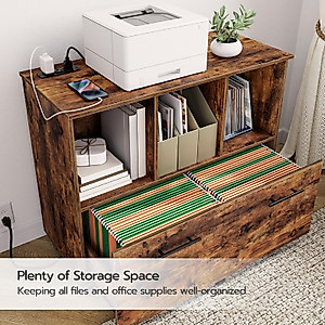 HOOBRO Wooden File Cabinet, Filing Cabinet with Charging Station, Mobile Lateral Home Office Cabinet, Rolling Printer Stand with 3 Open Compartments and Drawer, A4, Letter Size, Rustic Brown FG22UWJ01