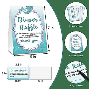 Gihyan Diaper Raffle Baby Shower Game Set(1 Standing Sign + 50 Guessing Cards), Mermaid Theme Diaper Raffle Tickets for Baby Shower, Under The Sea Baby Shower Party Favor Decor - B15
