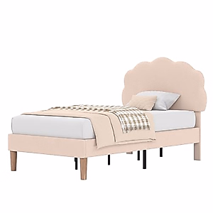 VECELO Twin Size Bed Frame, Upholstered Platform Bedframe with Height Adjustable Plush Fabric Headboard, Strong Wood Slat Supports, No Box Spring Needed, Beige