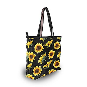 QMXO Summer Flowers Sunflowers Black Handbags and Purse for Women Tote Bag Large Capacity Top Handle Shopper Shoulder Bag