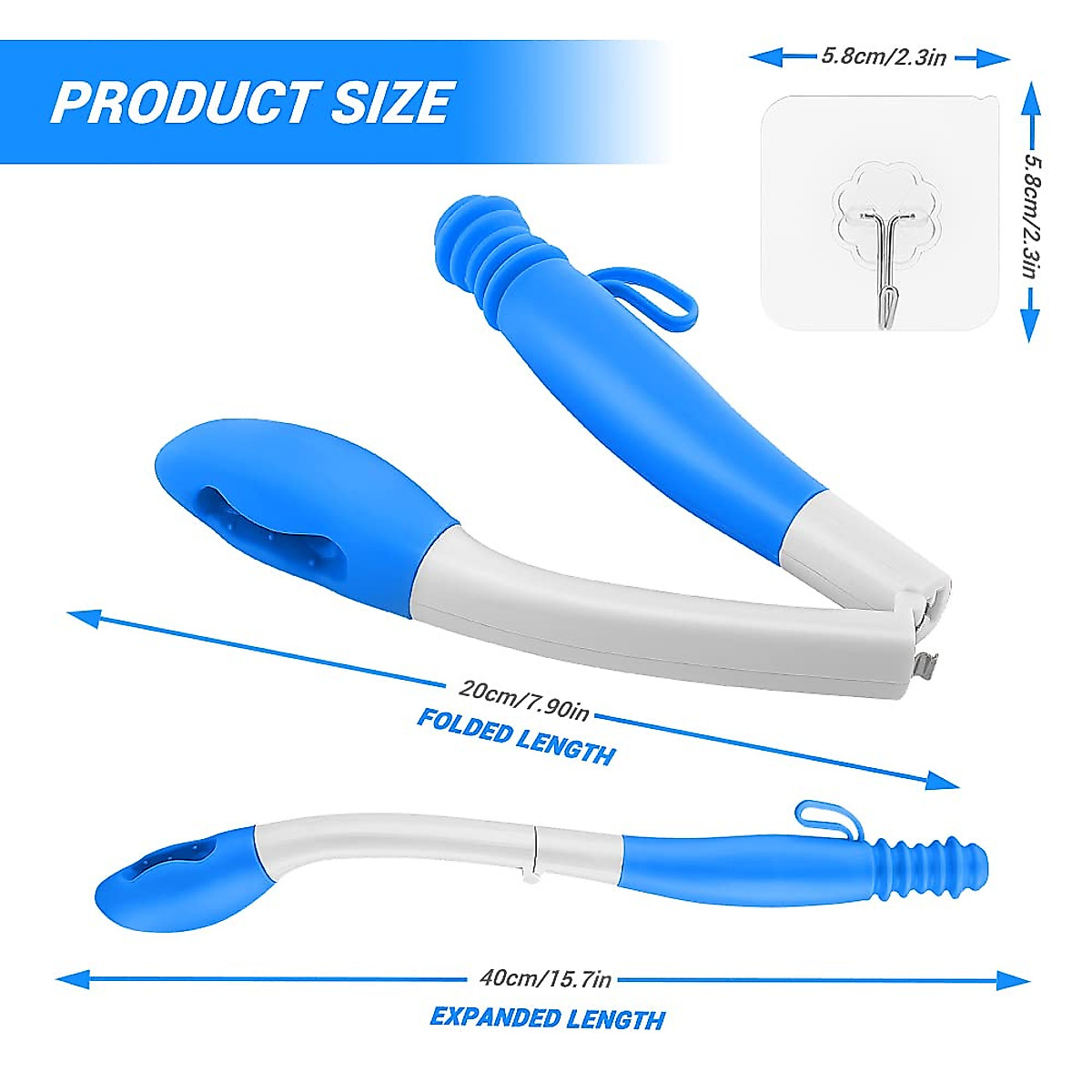 Foldable Butt Wiper, Jhua 15.7" Toilet Aids for Wiping, Comfort Silicone Bottom Buddy Wiping Aid with Hanging Ring, Hook, Carrying Bag, Toilet Aid Tools Bathroom Personal Care, Blue