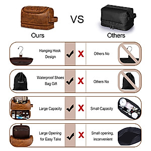 Elviros Toiletry Bag, Mens Leather Travel Organizer Kit with hanging hook, Large Water-resistant Toiletries Bathroom Shaving Bags for Women (Brown)