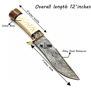 PAL 2000 KNIVES BOW-9482 Handmade Damascus Steel Fixed Blade Hunting Knife Camel Bone Handle with Sheath
