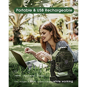 Drchop Portable Rechargeable Fan, 8-Inch Battery Operated Fan with Light & Hook, 10400mAh Travel Tent Fan, Quiet USB Desk Fan for Table, Outdoor, Army Green